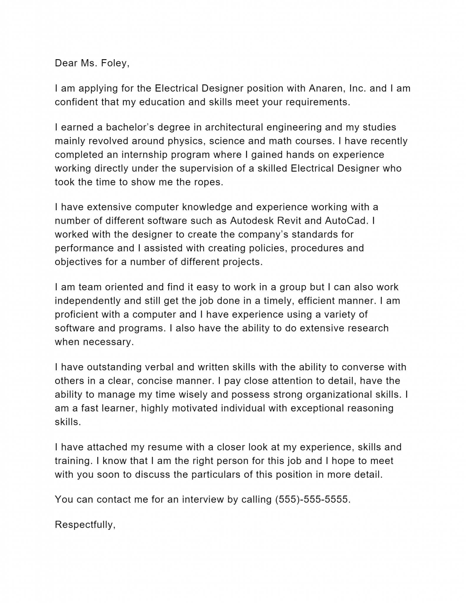 Free Electrical Engineer Cover Letter Template & Example on ...