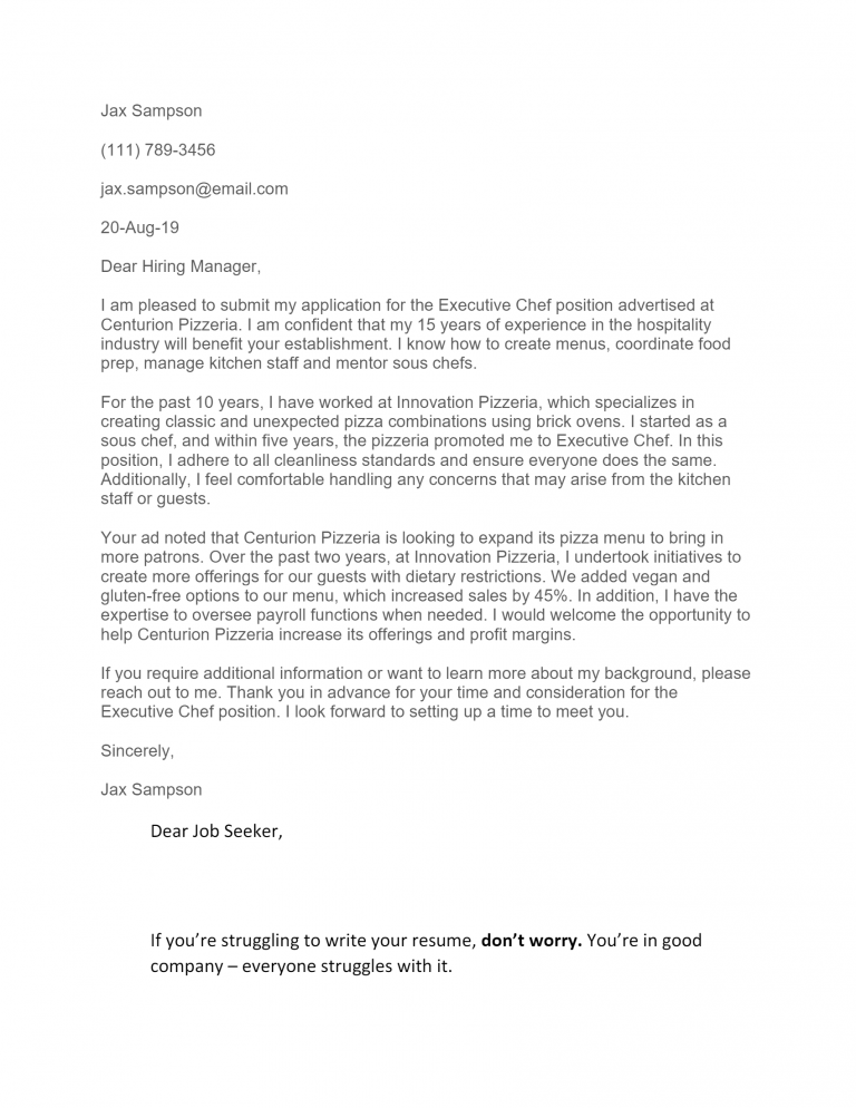 Free Chef Cover Letter Template & Example on ResumeThatWorks.com