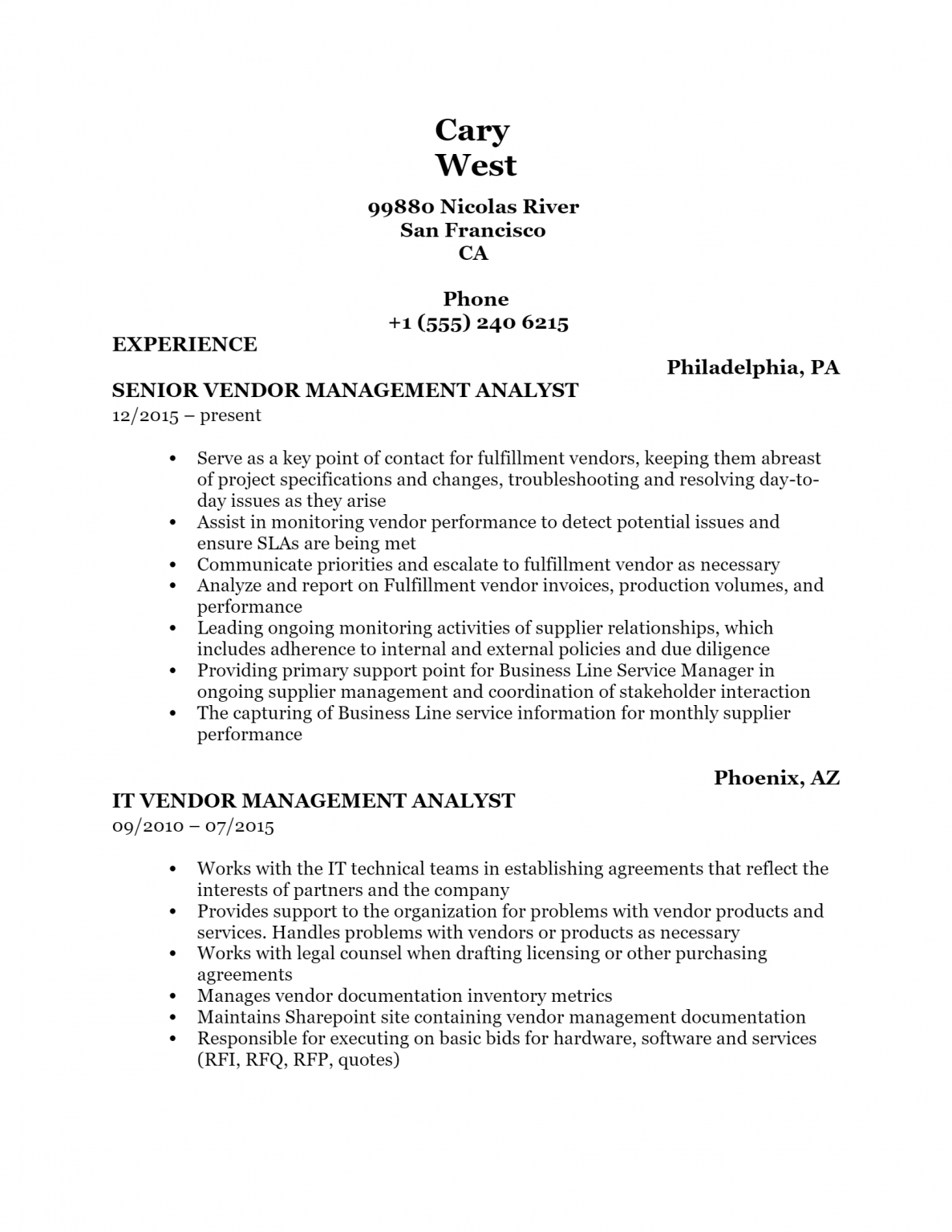 Download Free Vendor Analyst .Docx(Word) Template on ResumeThatWorks.com