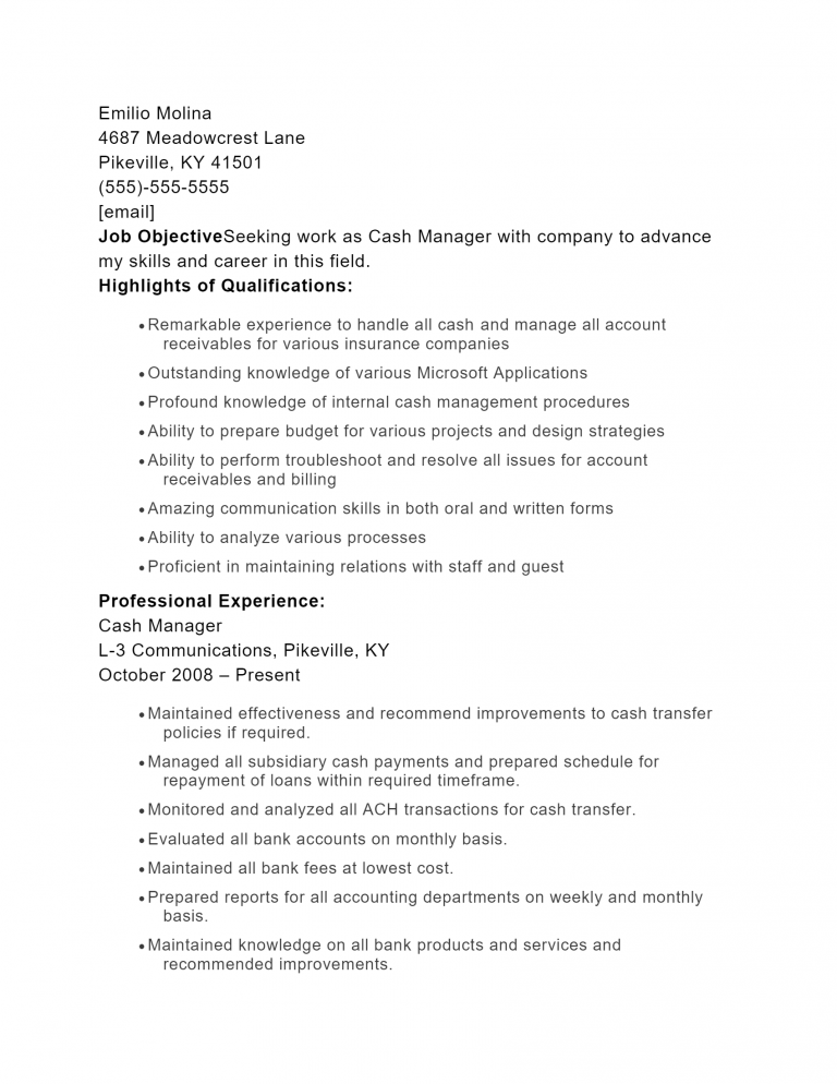 Download Free Cash Manager .Docx(Word) Template on ResumeThatWorks.com